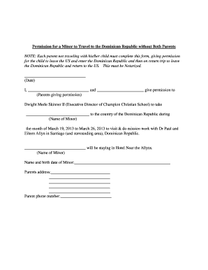 Fillable Online champion Permission for a Minor to Travel to the ...