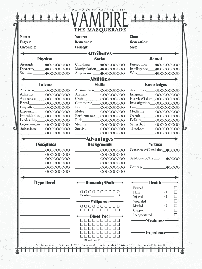 Vampire 20th Character Sheet