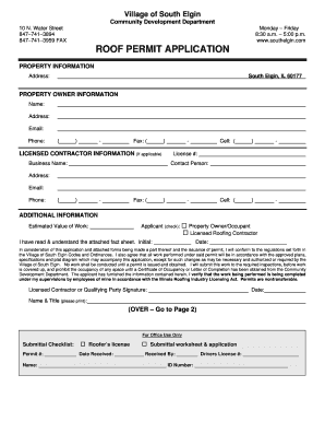 Fillable Online ROOF PERMIT APPLICATION - Village of South Elgin Fax ...