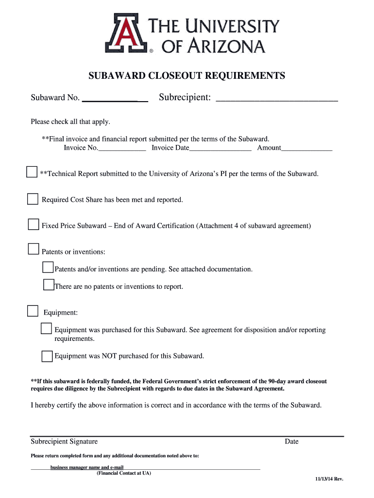 Fillable Online rgw arizona SUBAWARD CLOSEOUT REQUIREMENTS - University ...