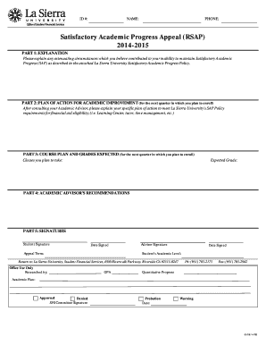 Fillable Online lasierra ID #: PHONE: NAME: Satisfactory Academic ...