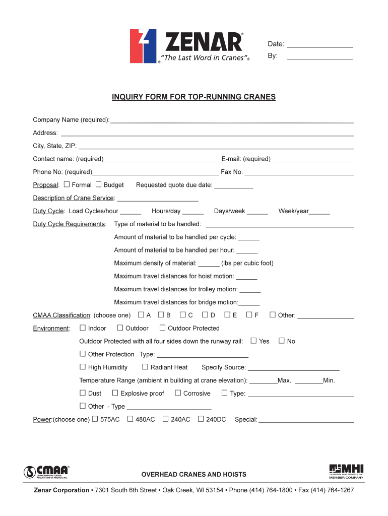 Fillable Online INQUIRY FORM FOR TOPRUNNING CRANES Fax Email Print - pdfFiller