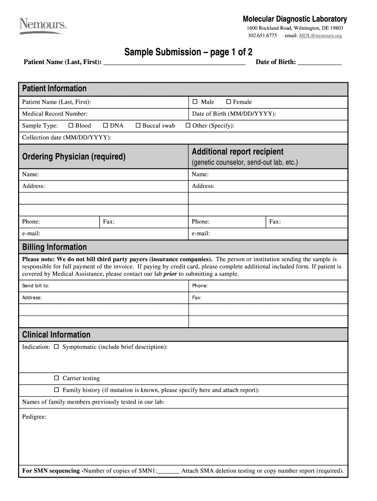 Fillable Online nemoursresearch org Sample Submission page 1 of 2 ...