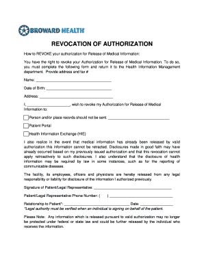 Fillable Online mybrowardhealth How to REVOKE your authorization for Release of Medical ...