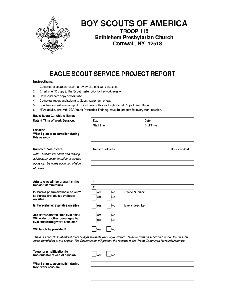 Fillable Online troop118 EAGLE SCOUT SERVICE PROJECT REPORT - Troop 118 ...
