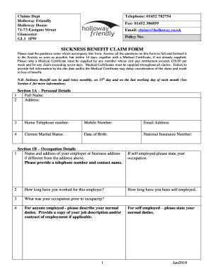 Fillable Online secure holloway co SICKNESS BENEFIT CLAIM FORM - - secure holloway co Fax Email ...