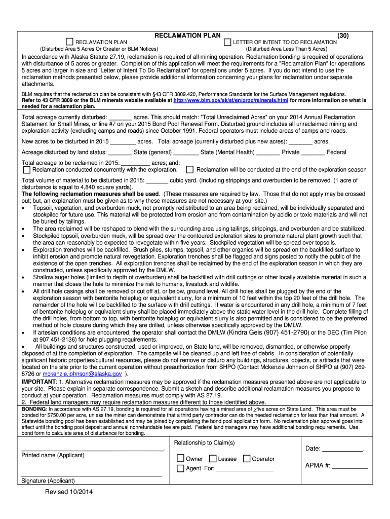 Fillable Online dnr alaska RECLAMATION PLAN Fax Email Print - pdfFiller