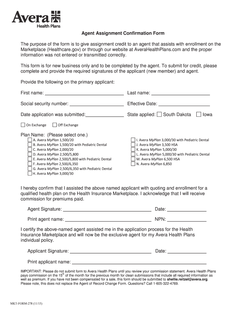 Fillable Online Agent Assignment Form - Avera Health Plans Fax Email Print - pdfFiller