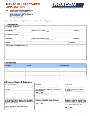 Fillable Online Caretaker bapplicationb - Roscon Property Services Fax ...