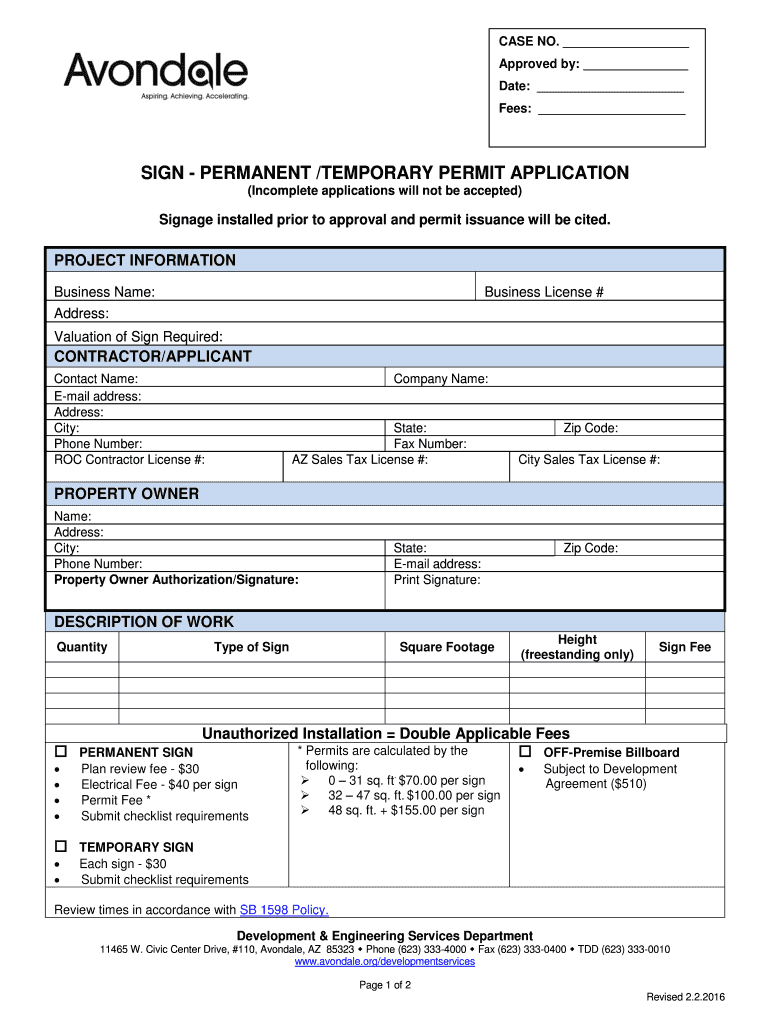 Fillable Online avondale Signage installed prior to approval and permit ...