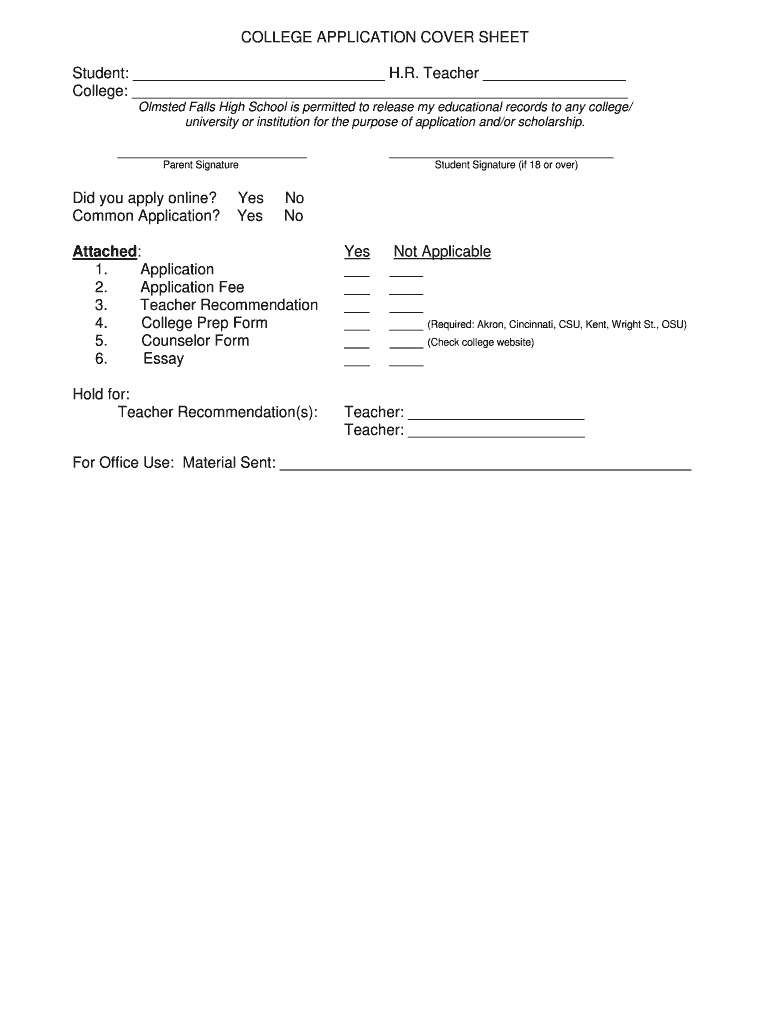 Fillable Online ofcs k12 oh COLLEGE APPLICATION COVER SHEET ...