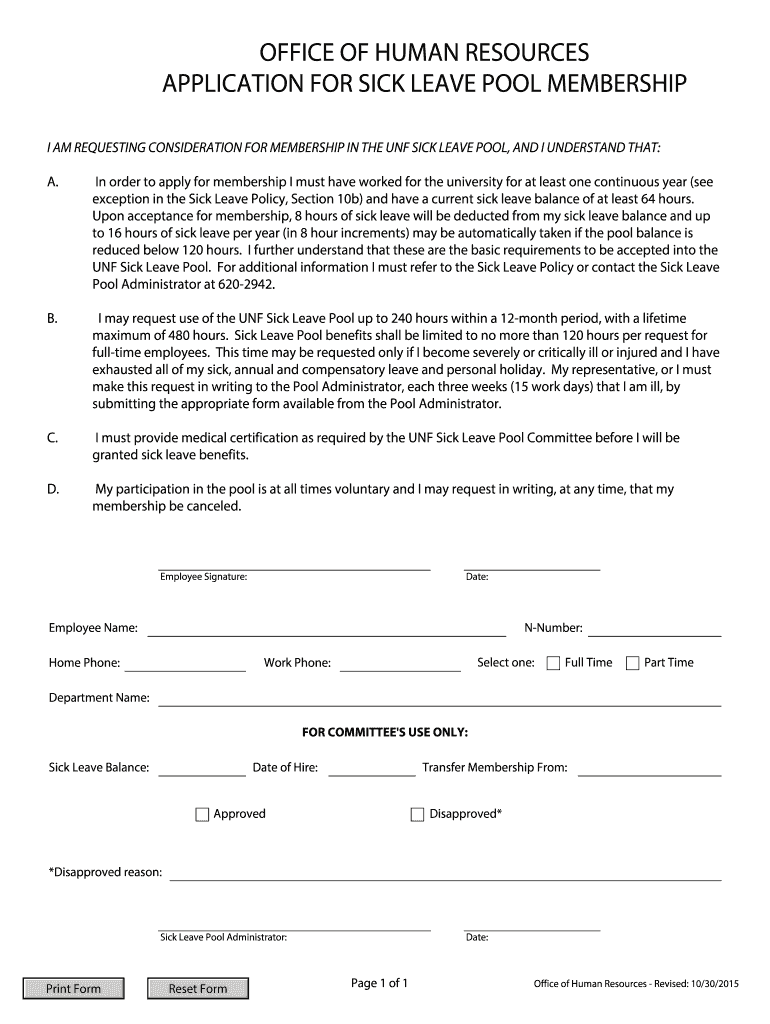 Fillable Online unf APPLICATION FOR SICK LEAVE POOL MEMBERSHIP Fax ...