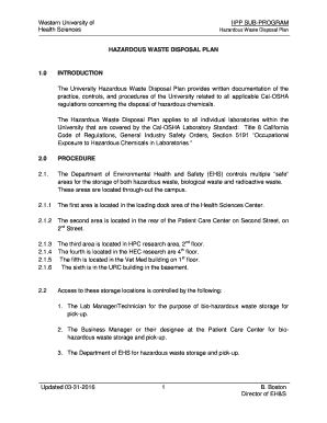 Fillable Online westernu HAZARDOUS WASTE DISPOSAL PLAN 10 INTRODUCTION ...