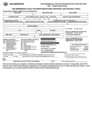 Fillable Online USA SWIMMING 2016 SEASONAL ATHLETE Fax Email Print ...