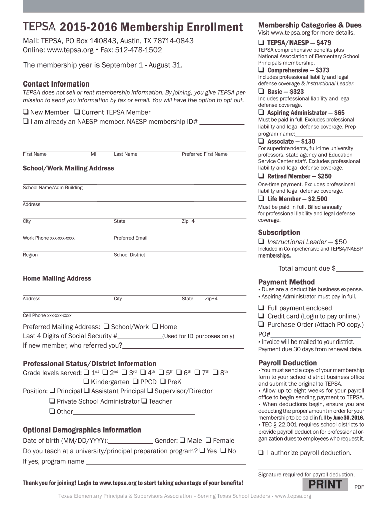 Fillable Online 2015-2016 Membership Enrollment Fax Email Print - pdfFiller