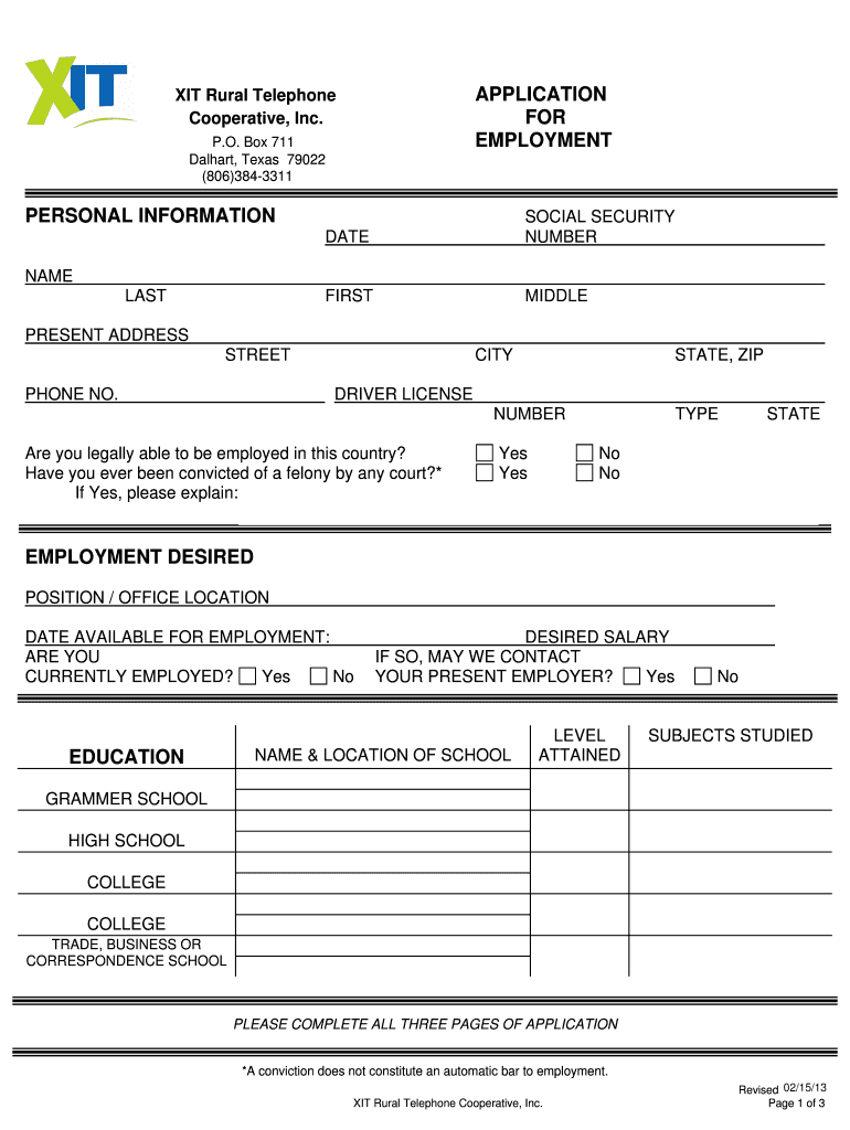 Fillable Online xit XIT Rural Telephone APPLICATION Cooperative Inc FOR ...