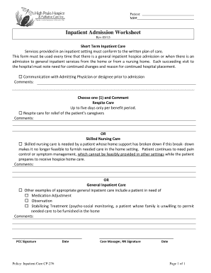Fillable Online highpeakshospice Inpatient Admission Worksheet ...