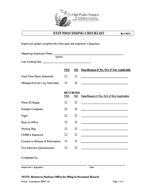 Fillable Online highpeakshospice EXIT PROCESSING CHECKLIST Rev 0412 ...