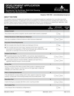 Fillable Online botanybay nsw gov DEVELOPMENT APPLICATION CHECKLIST #5 Residential Flat ...