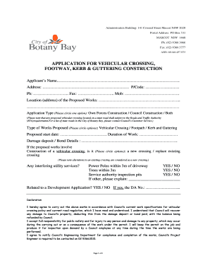 Fillable Online botanybay nsw gov Application for Vehicular Crossing Footway Kerb Guttering ...