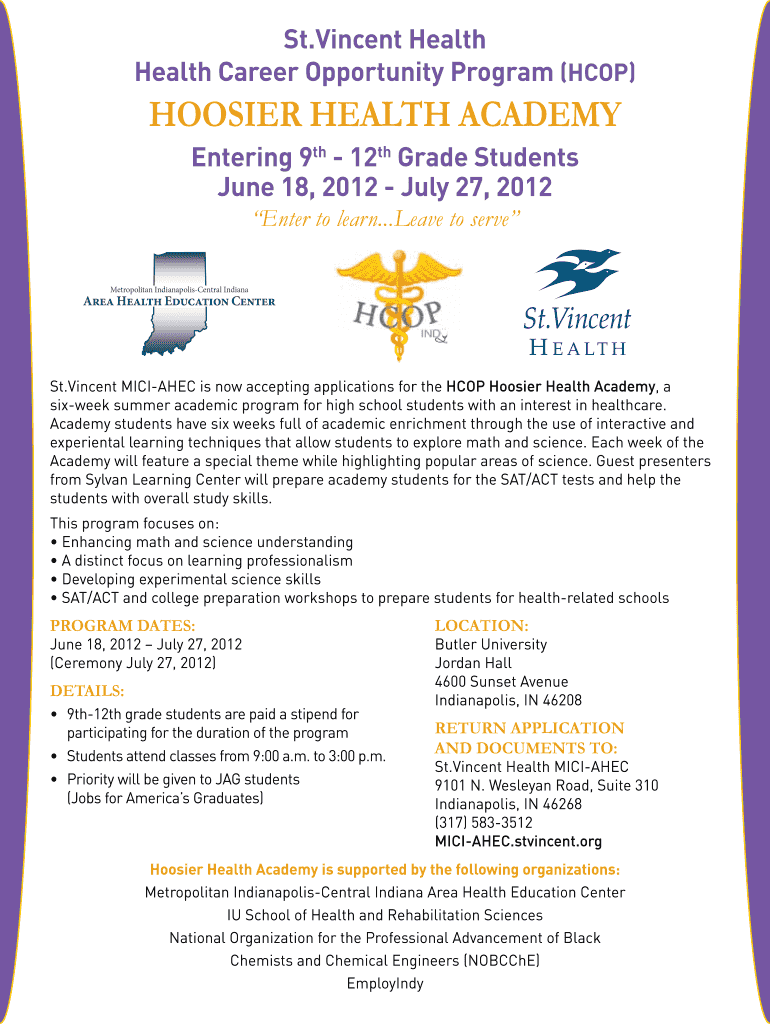 Fillable Online StVincent Health Health Career Opportunity Program HCOP ...