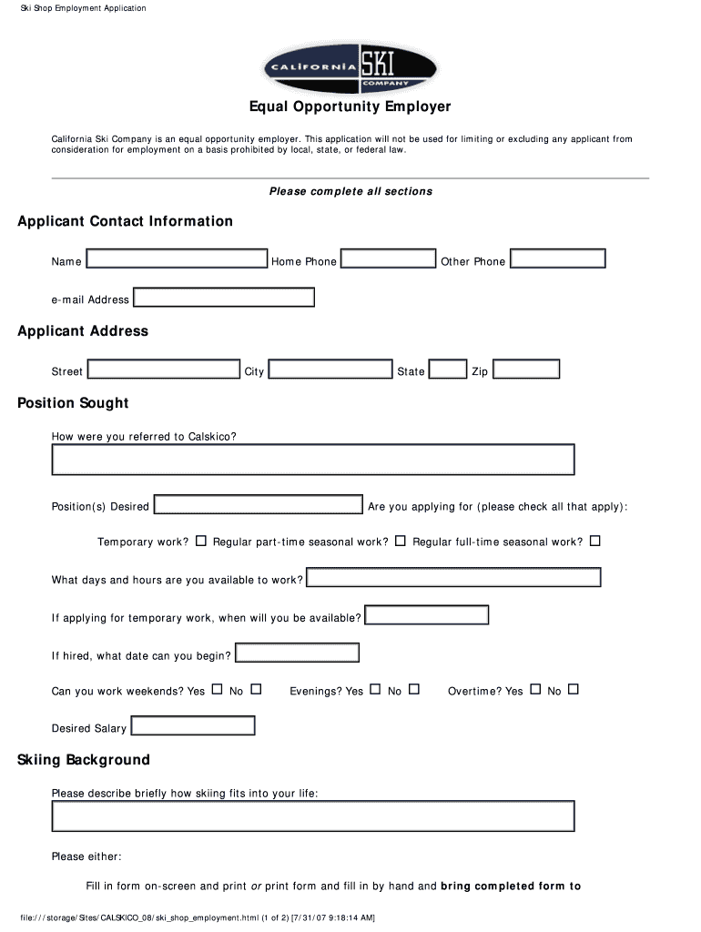 Fillable Online Ski Shop Employment Application Fax Email Print - pdfFiller