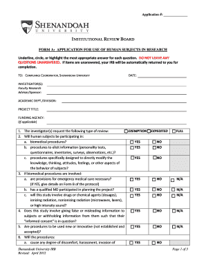Fillable Online FORM A APPLICATION FOR USE OF HUMAN SUBJECTS IN ...