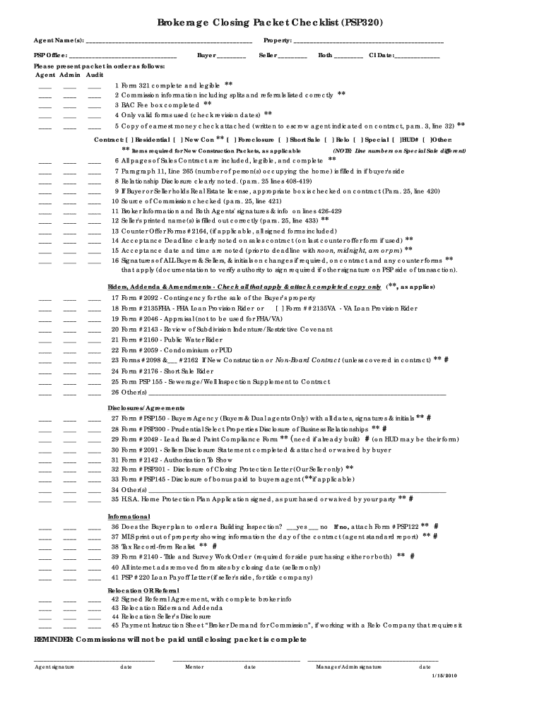 Fillable Online PSP 320 Closing Packet Checklist1.15.10.xls Fax Email ...