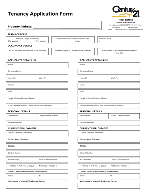 Fillable Online Tenancy Application Form - century21comau Fax Email ...
