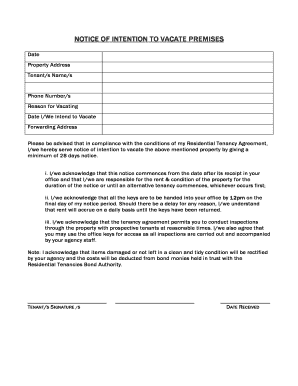 Fillable Online NOTICE OF INTENTION TO VACATE PREMISESdoc Fax Email Print - pdfFiller