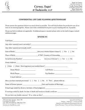 Fillable Online CONFIDENTIAL LIFE CARE PLANNING QUESTIONNAIRE Fax Email ...