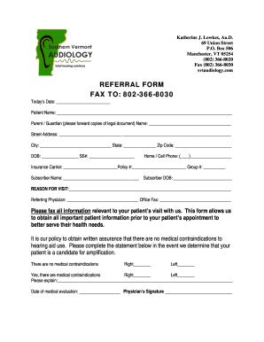 Fillable Online REFERRAL FORM FAX TO 802-366-8030 - svtaudiologycom Fax ...