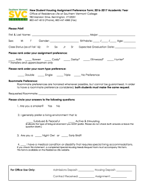 Fillable Online svc New Student Housing Assignment Preference Form 2016 ...