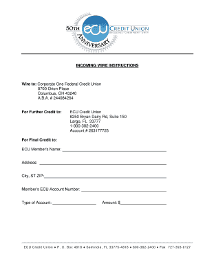 Fillable Online INCOMING WIRE INSTRUCTIONS Wire to Corporate One ...