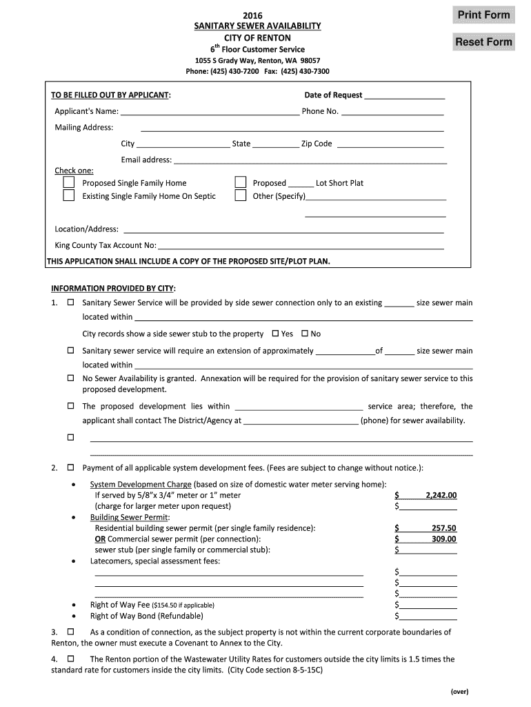 Fillable Online rentonwa 2016 SANITARY SEWER AVAILABILITY CITY OF ...