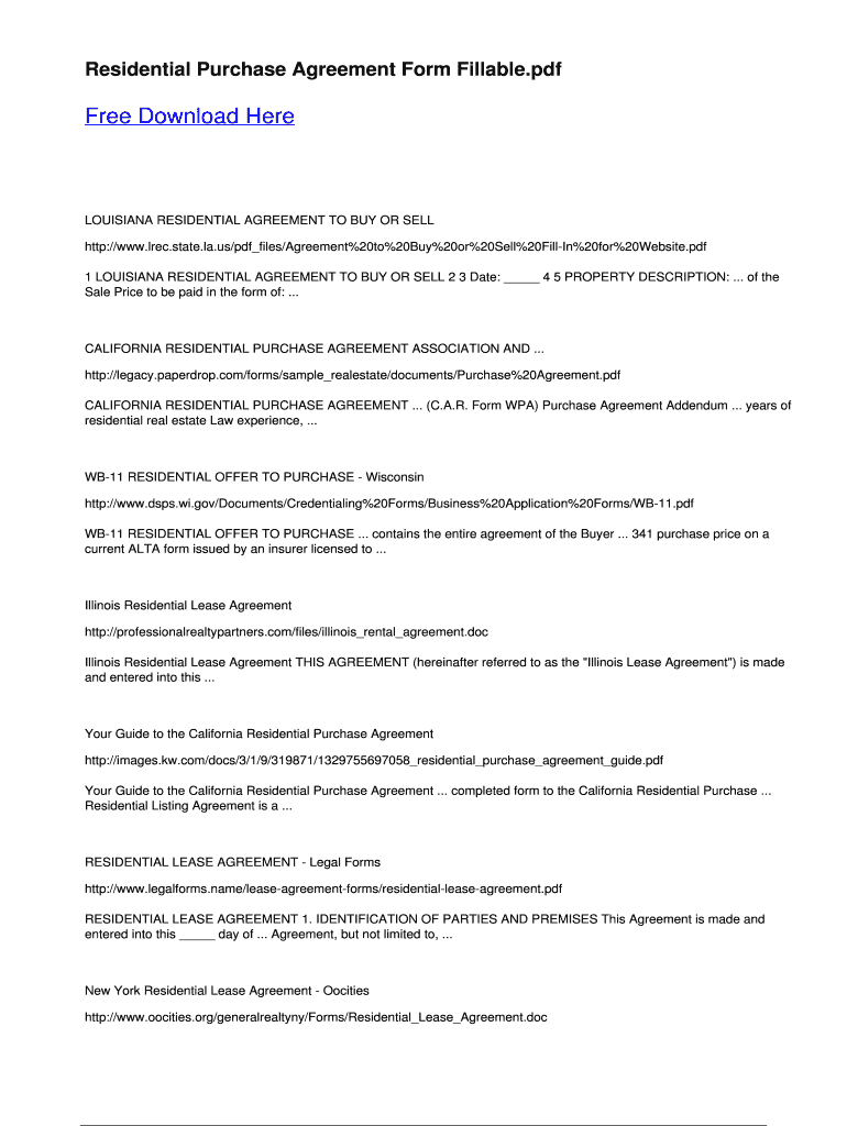 Fillable Online Residential Purchase Agreement Form Fillable Fax Email ...