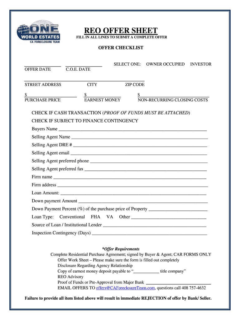 Fillable Online Reo OFFER SHEETdocx Fax Email Print - pdfFiller