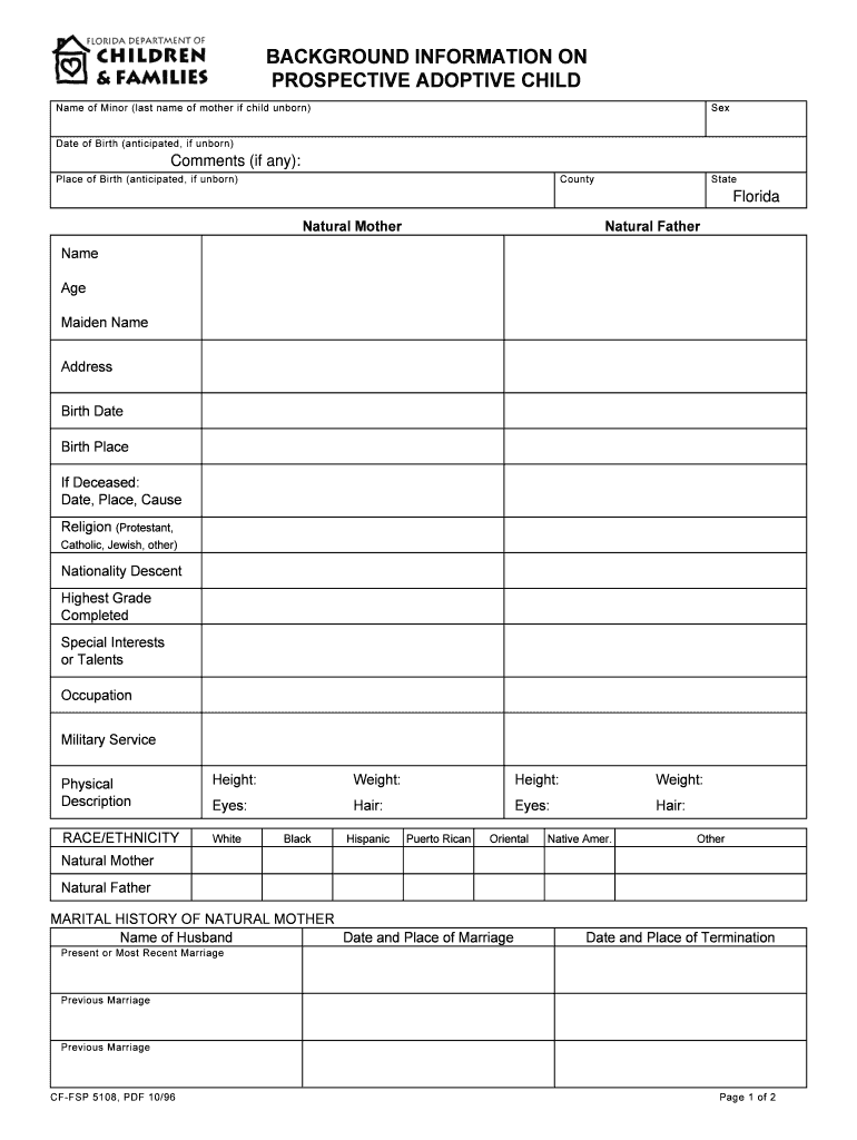 Fillable Online BACKGROUND INFORMATION ON PROSPECTIVE ADOPTIVE CHILD ...