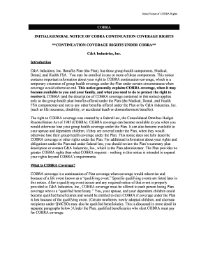 Fillable Online COBRA INITIALGENERAL NOTICE OF COBRA CONTINUATION Fax ...