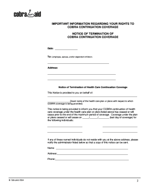 Fillable Online Notice of Early Termination of COBRA Coverage Fax Email ...