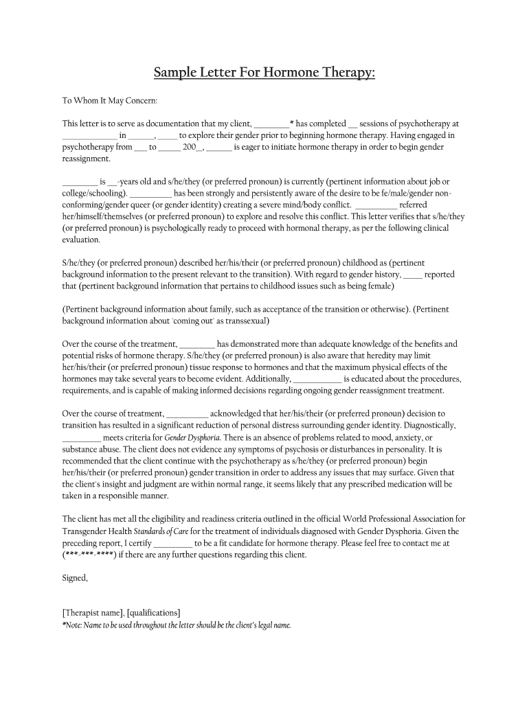 Fillable Online Sample Letter For Hormone Therapy: Fax Email Print ...