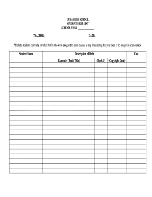 Fillable Online CUBA HIGH SCHOOL STUDENT DEBT LIST SCHOOL YEAR TEACHER ...