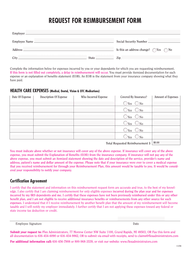 Fillable Online REQUEST FOR REIMBURSEMENT FORM - Flex Fax Email Print ...
