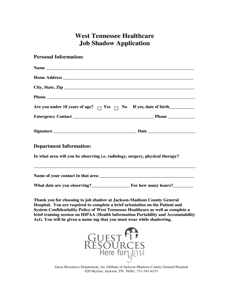 Fillable Online wth West Tennessee Healthcare Job Shadow Application ...