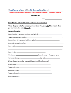 Fillable Online Tax Preparation Client Information Sheet NOTE: THERE ...