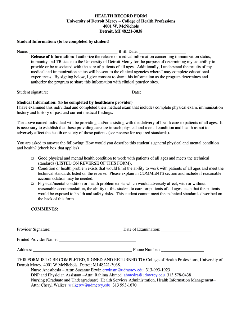 Fillable Online healthprofessions udmercy University of Detroit Mercy ...