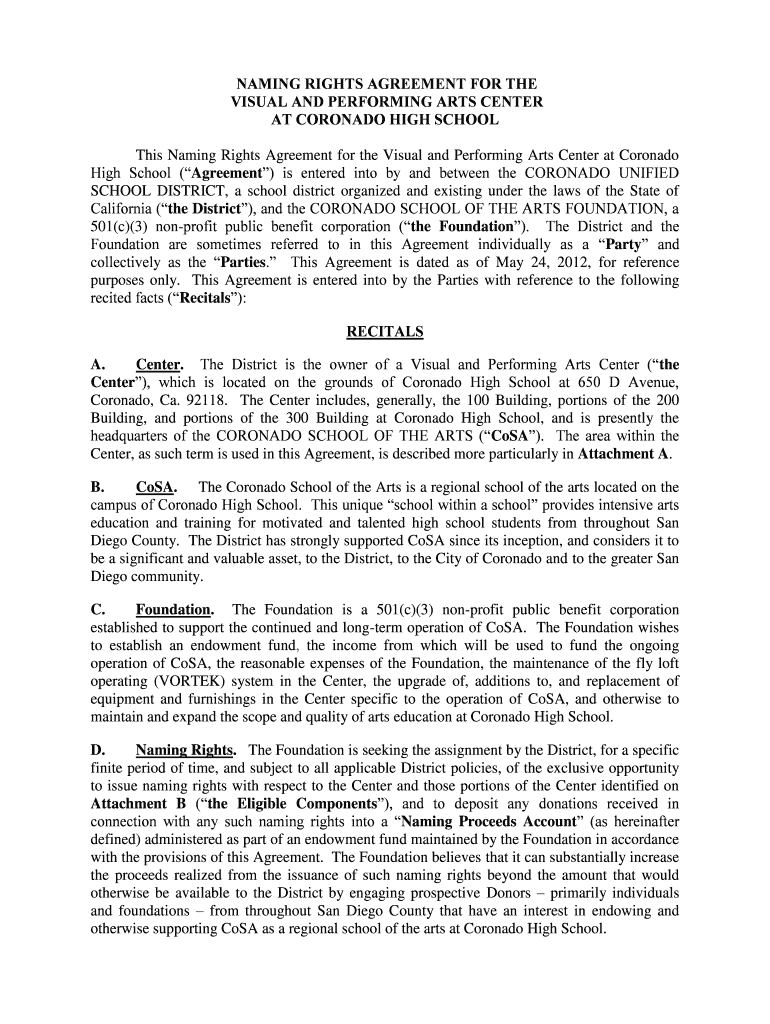 Fillable Online CoSA Foundation Naming Rights Agreement - Coronado ...