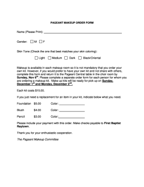 Fillable Online PAGEANT MAKEUP ORDER FORM - First Baptist Raytown Fax ...