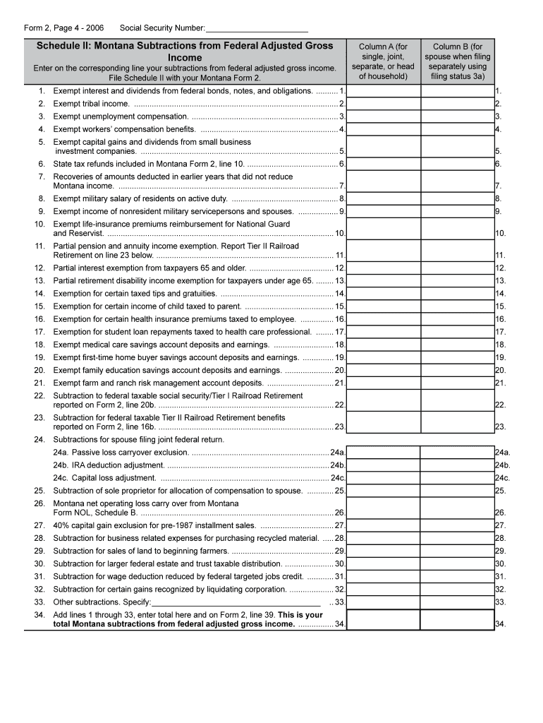 Fillable Online revenue mt 2006 Montana Form 2 Page 4 Schedule II ...