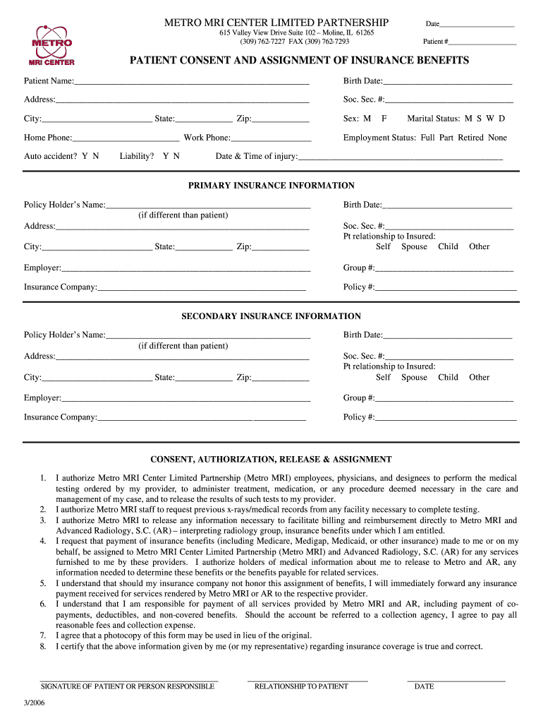 Fillable Online Insurance consent and assignment form 2 mar 2006doc Fax ...